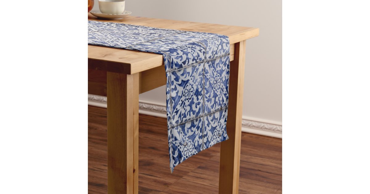 Portuguese Tiles - Azulejo Blue and White Floral Short Table Runner ...