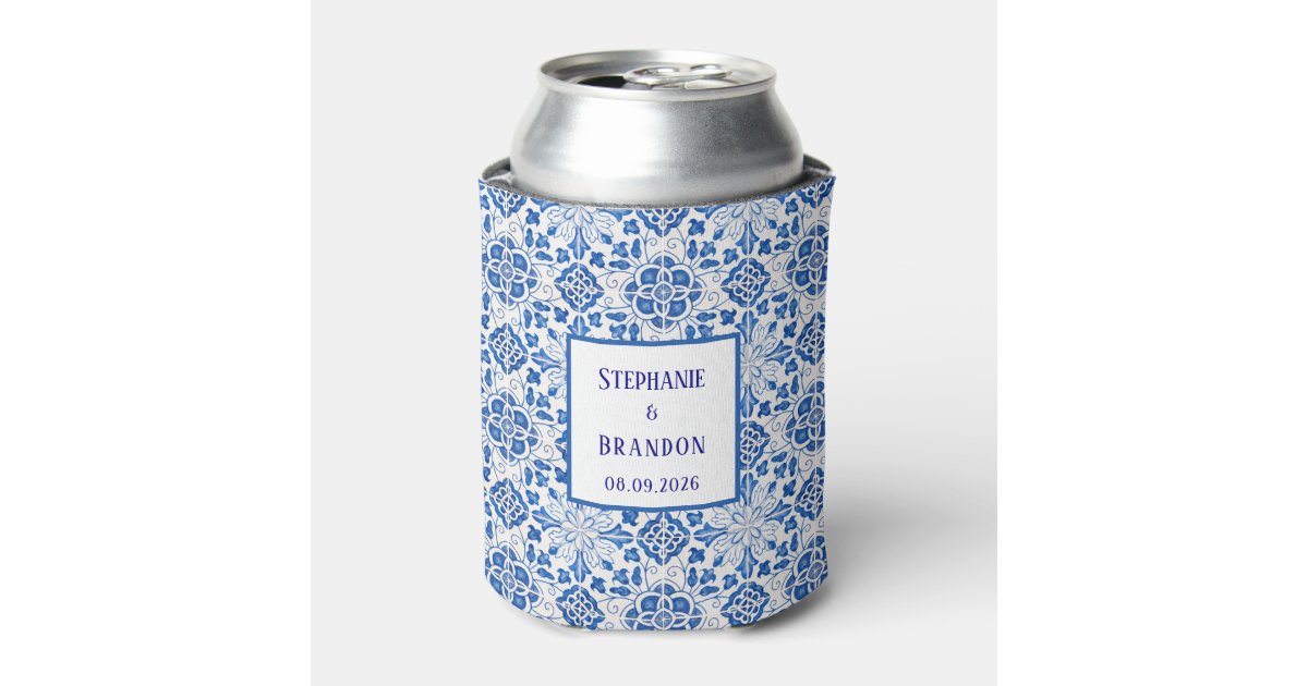 Portuguese Tiles Blue Mediterranean Wedding Can Cooler | Zazzle