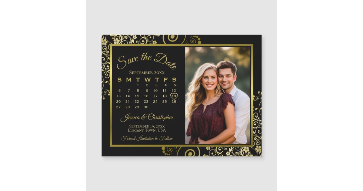 Posh Black & Gold Calendar Photo Save Date Magnet | Zazzle