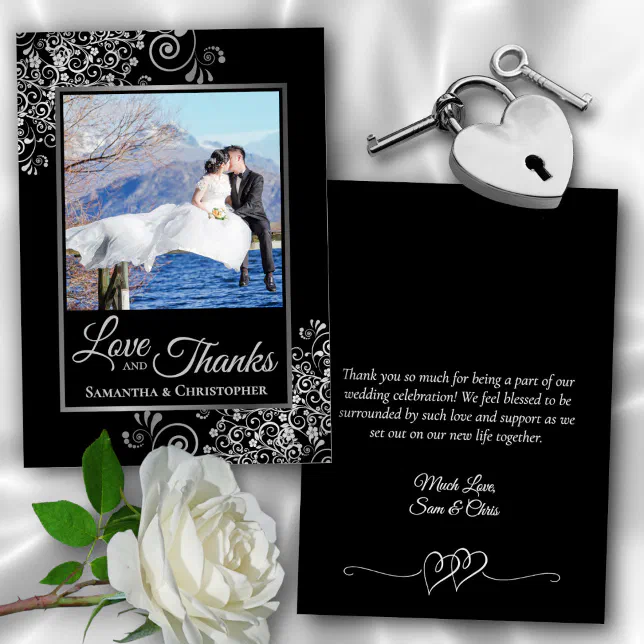 Posh Black with Silver Curls Photo & Note Wedding Thank You Card | Zazzle