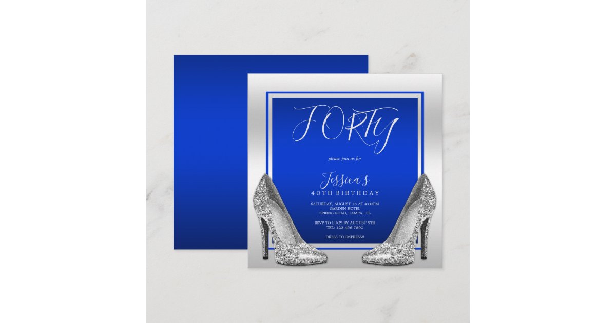 Posh Blue & Silver Stilettos 40th Birthday Invitation | Zazzle