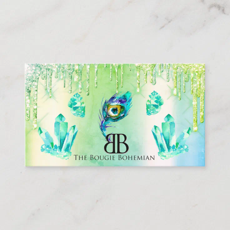 Posh Bougie Glittery Bohemian Green Crystals Business Card | Zazzle