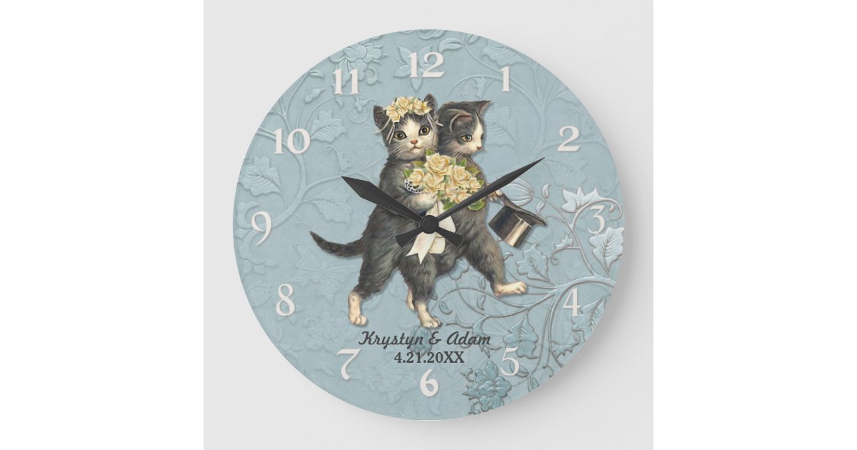 Posh Cats Wedding Blue Large Clock | Zazzle