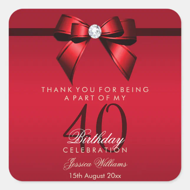 Posh Gem Bow & Ribbon 40th Birthday Square Sticker | Zazzle