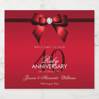 Posh Gem Bow & Ribbon 40th Wedding Anniversary Beer Bottle Label | Zazzle