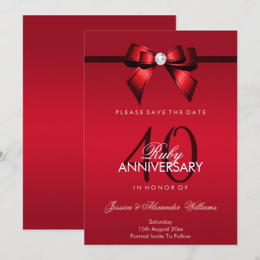 Posh Gem Bow & Ribbon 40th Wedding Anniversary Save The Date | Zazzle