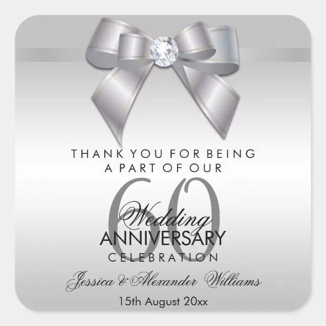 Posh Gem Bow & Ribbon 60th Wedding Anniversary Square Sticker | Zazzle