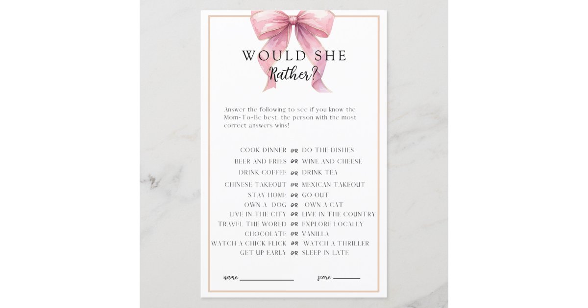 Posh Pink Coquette Bow Baby Shower Game | Zazzle