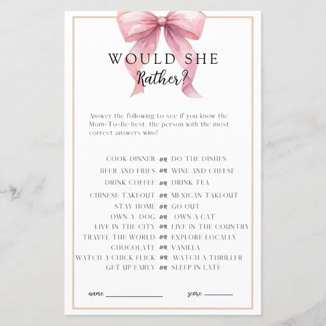 Posh Pink Coquette Bow Baby Shower Game | Zazzle