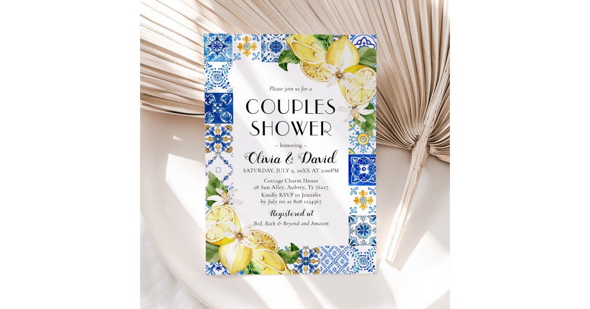 Positano Blue Tile Lemon Couples Shower Invitation | Zazzle