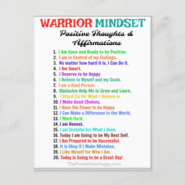 Positive Affirmations Poster - Warrior Mindset Postcard | Zazzle
