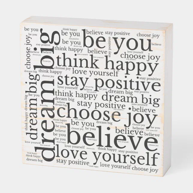 Positivity WordArt Pattern Black Text White Wooden Box Sign | Zazzle