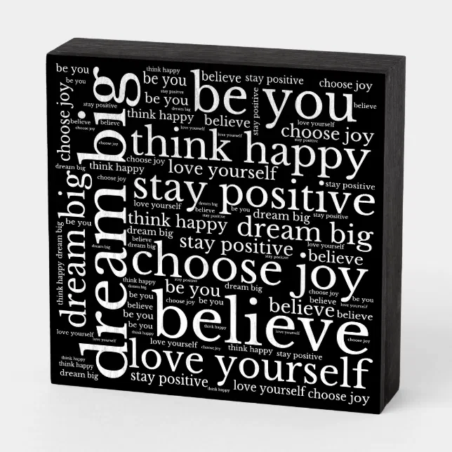 Positivity WordArt Pattern White Text Black Wooden Box Sign | Zazzle