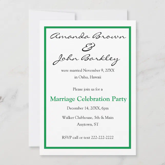 Post Wedding Marriage Celebration Party - greeen Invitation | Zazzle