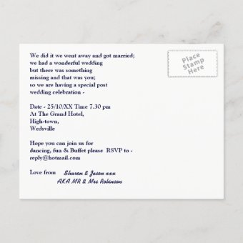 Post Wedding Reception Party Photo Personalized Invitation Postcard ...