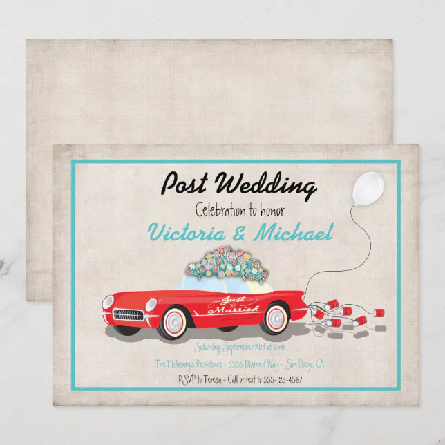 Post Wedding Retro Car Just Married Invitation | Zazzle