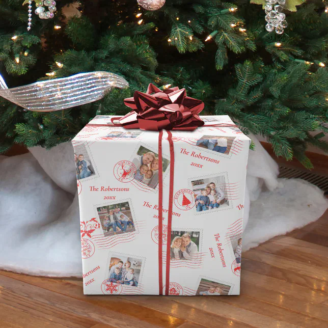 Postage Stamps Christmas Custom Photo Collage Wrapping Paper | Zazzle