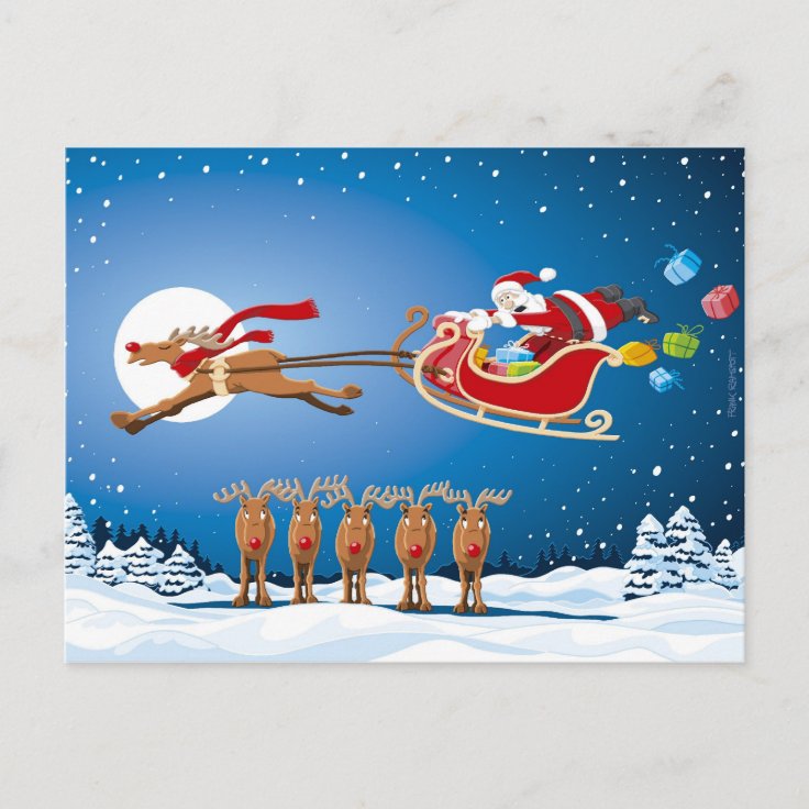 Postcard Christmas Santa Sleigh Reindeer | Zazzle