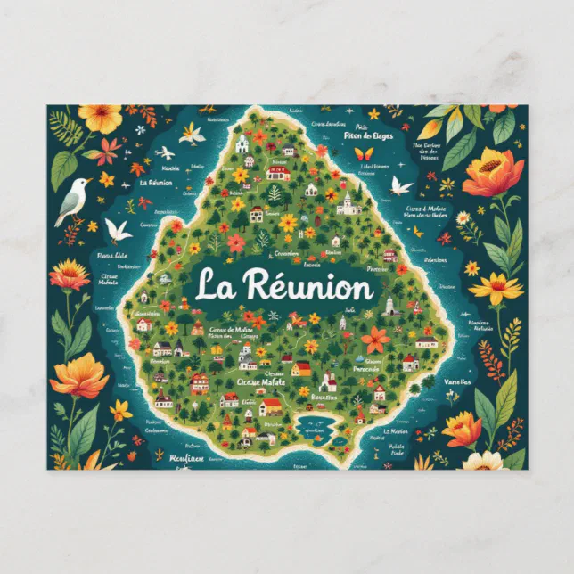 Postcard La Réunion - Illustrated map of the islan | Zazzle