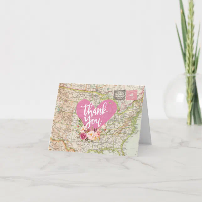 Postcard Map Travel Thank You Folded Note Card | Zazzle