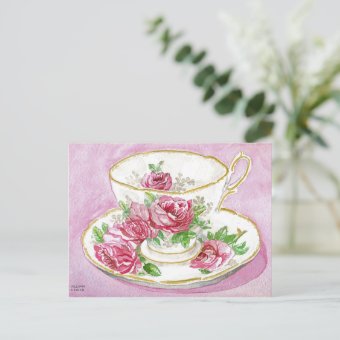 Postcard - Pink Floral Rose Watercolor Teacup | Zazzle