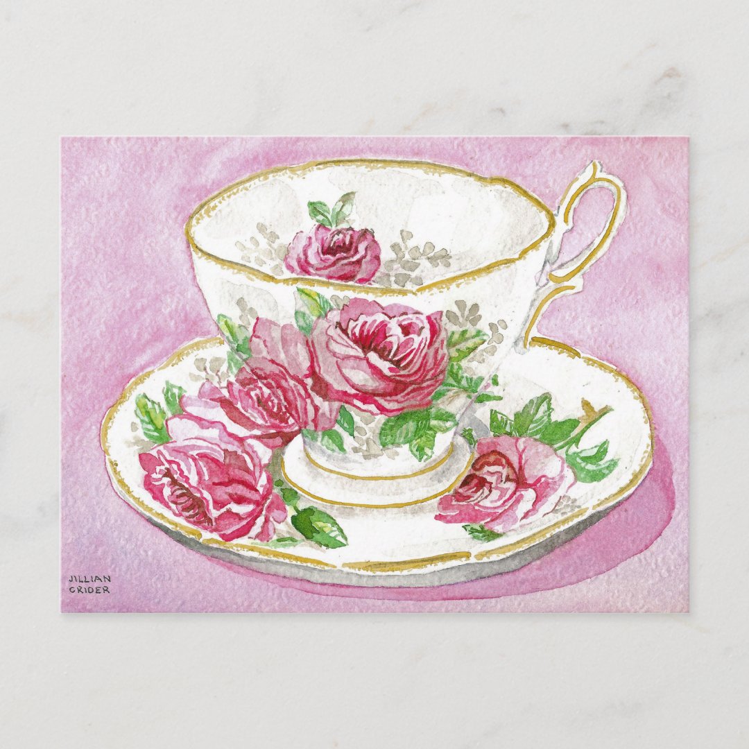 Postcard - Pink Floral Rose Watercolor Teacup | Zazzle