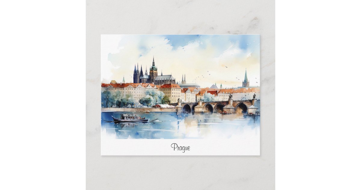 Postcard with Prague, painted landscape. | Zazzle