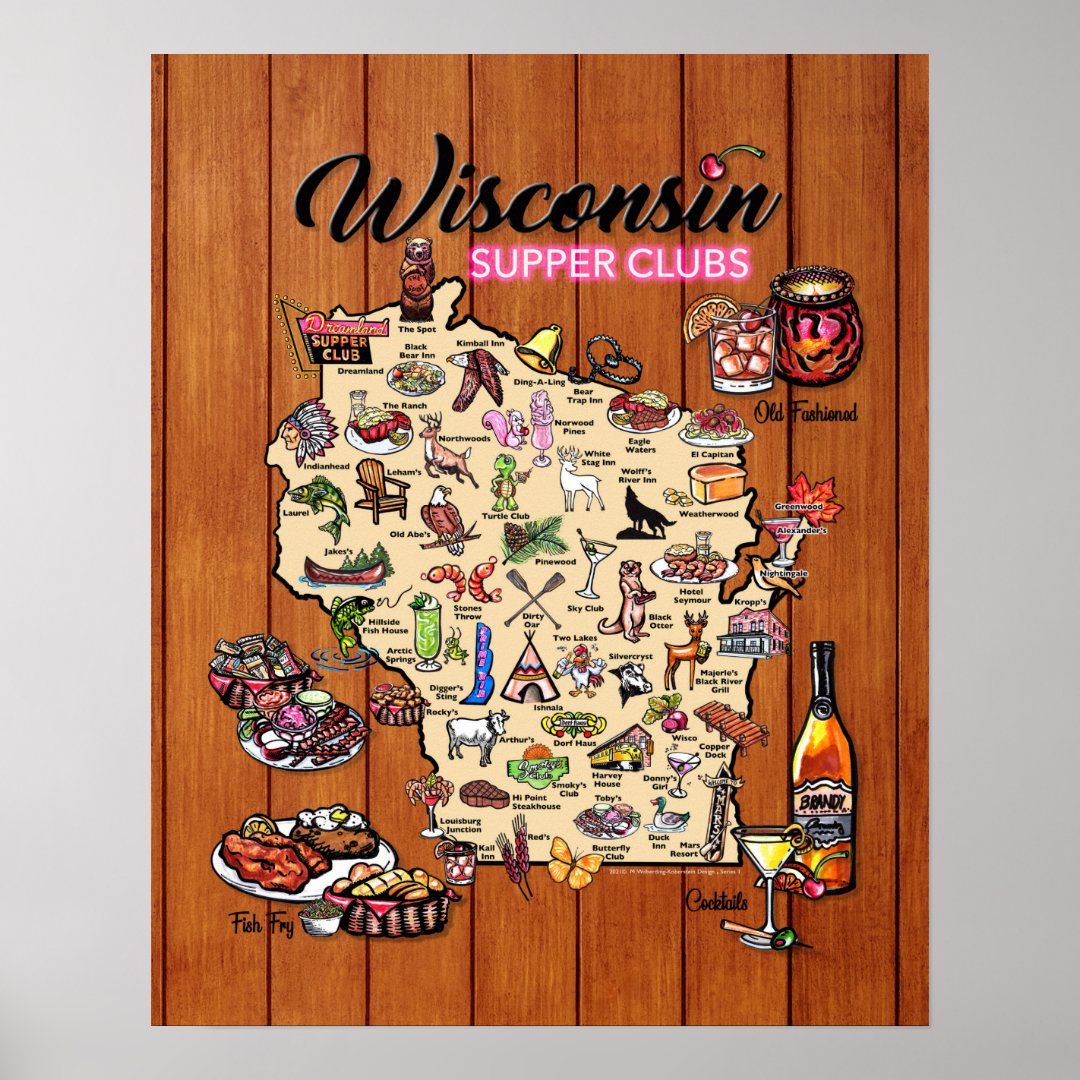 Poster - 16 x 20 - Wisconsin Supper Club Map | Zazzle