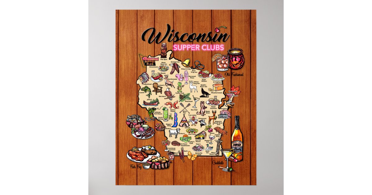Poster - 16 x 20 - Wisconsin Supper Club Map | Zazzle