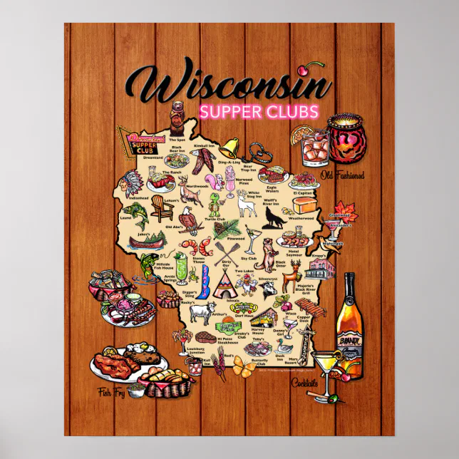 Poster - 16 x 20 - Wisconsin Supper Club Map | Zazzle