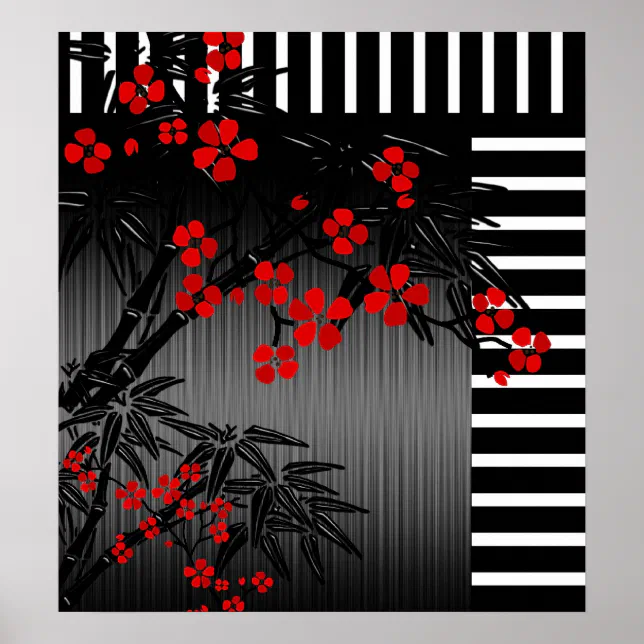 Poster Asian Red Black White Bamboo Floral 4 | Zazzle