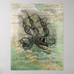 Poster with vintage kraken, ship on the map | Zazzle