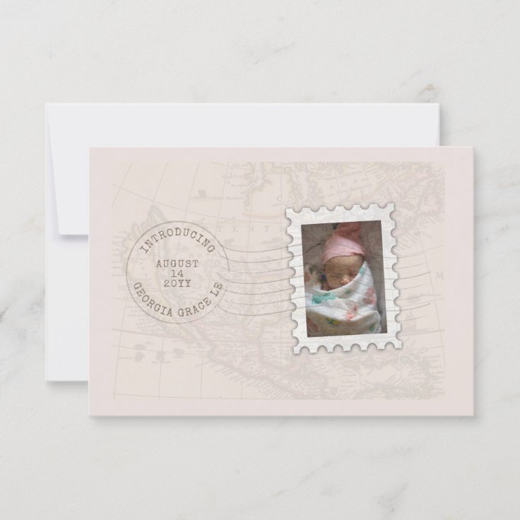 Postmark and Photo Stamp Travel Birth Announcement | Zazzle