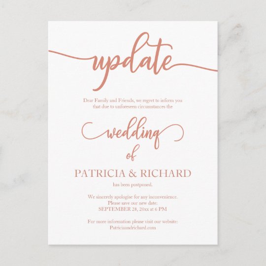 Postponed Wedding Date Update Elegant Rose Gold Postcard | Zazzle.com