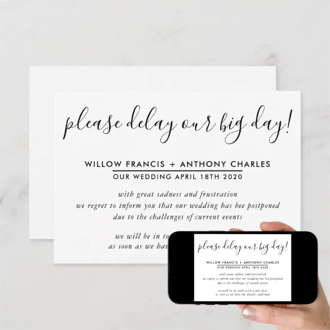POSTPONED WEDDING delay our big day simple info Invitation | Zazzle