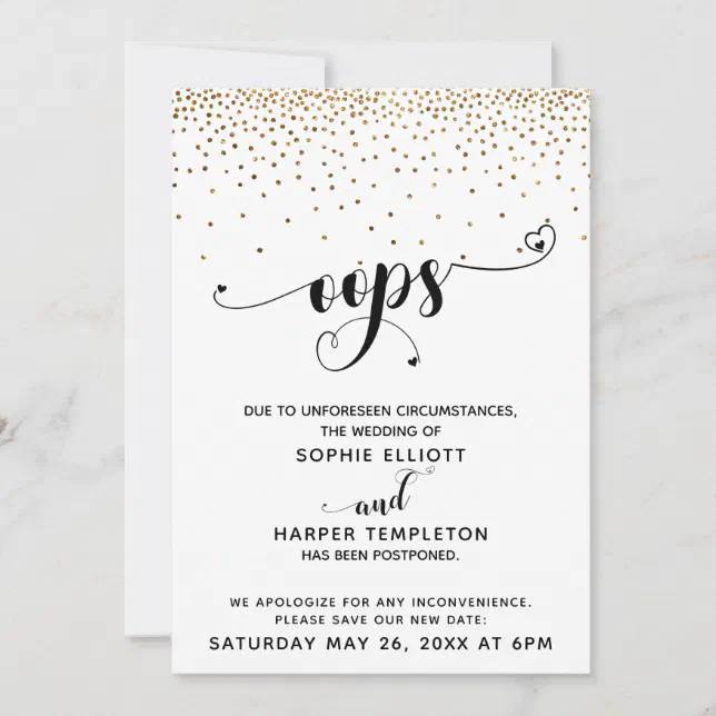 Postponed Wedding Gold Confetti & Hearts Oops Invitation | Zazzle