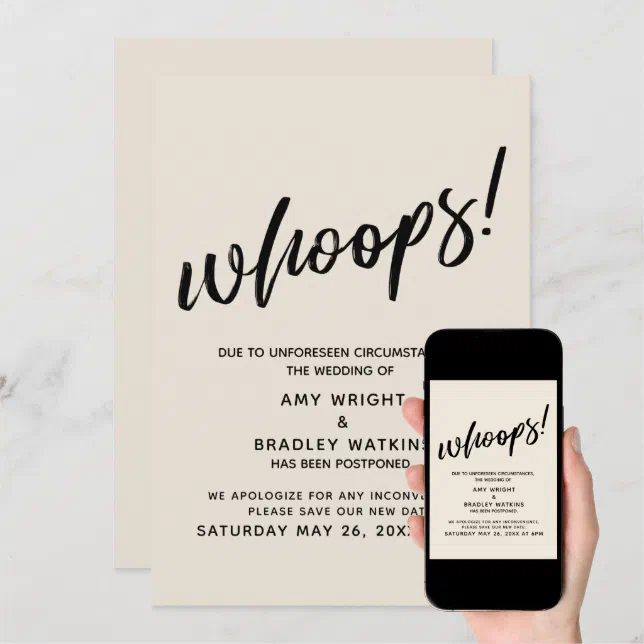 Postponed Wedding Humorous "Whoops!" Cream Card | Zazzle