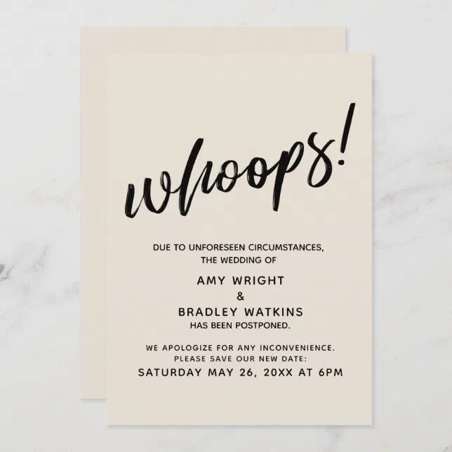 Postponed Wedding Humorous "Whoops!" Cream Card | Zazzle