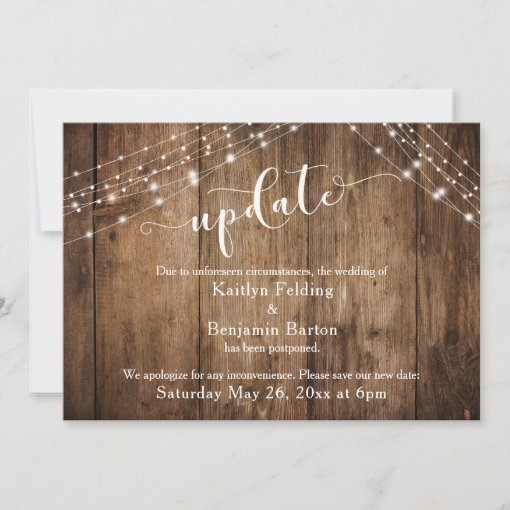 Postponed Wedding Update, Rustic Wood & Lights Invitation | Zazzle