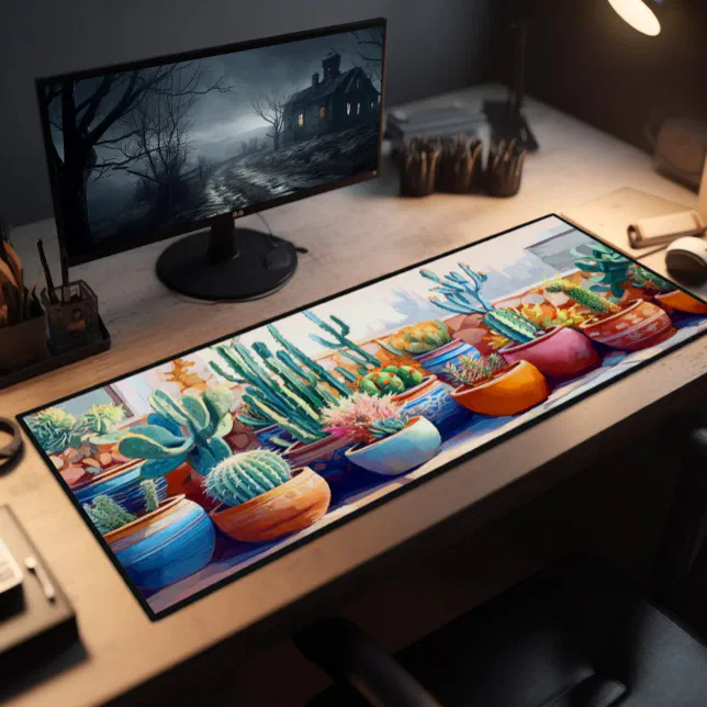 Potted Cactus Plants Whimsical Painting Large Desk Mat | Zazzle