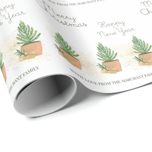 Potted Fir Tree and Gift Personalized Christmas Wrapping Paper | Zazzle