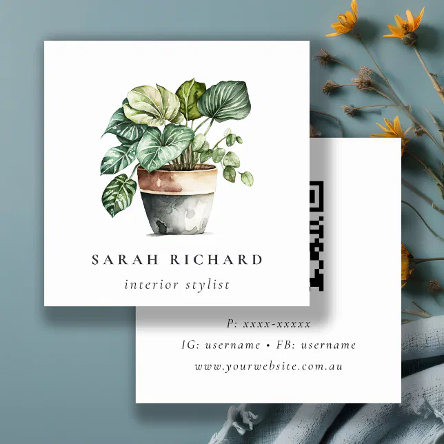 Potted Leafy House Plants Botanical QR Code Square Business Card | Zazzle