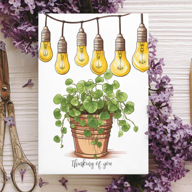 Potted Plant with Garden String Lights Thank You Card | Zazzle
