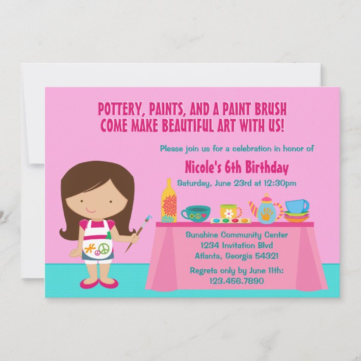 Pottery Painting Arts and Crafts Birthday Party Invitation | Zazzle