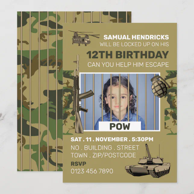 POW, War Themed Escape Room, Birthday Party Invitation | Zazzle