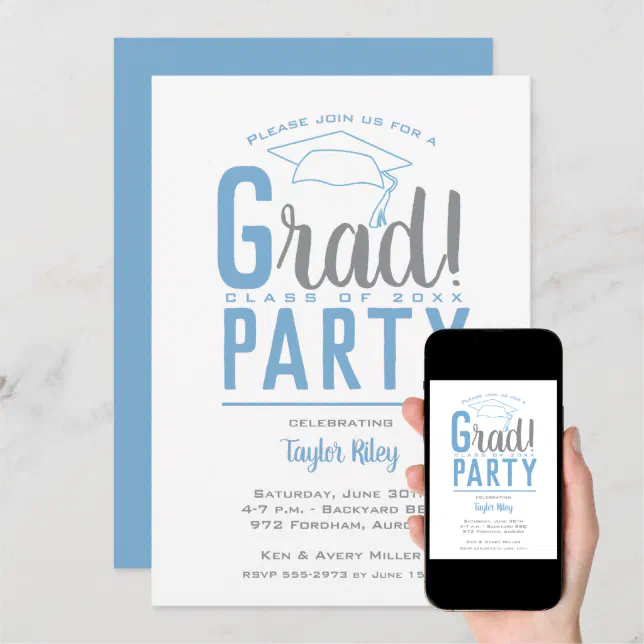 Powder Blue and Gray Graduation Party Invitation | Zazzle