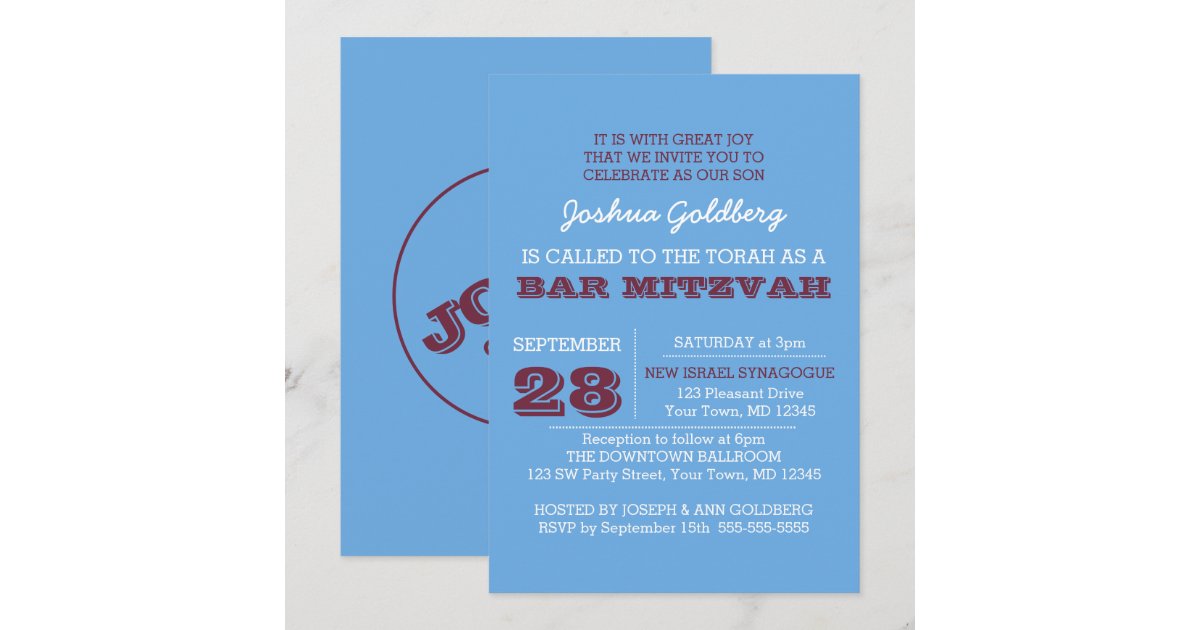 Powder Blue and Maroon Name Logo Bar Mitzvah Invitation | Zazzle