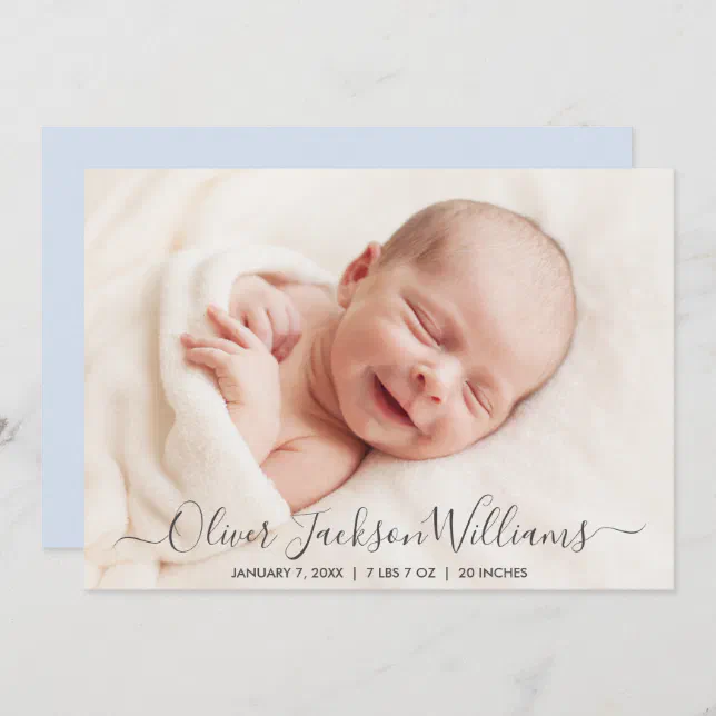 Powder Blue Birth Announcement Photo Card | Zazzle