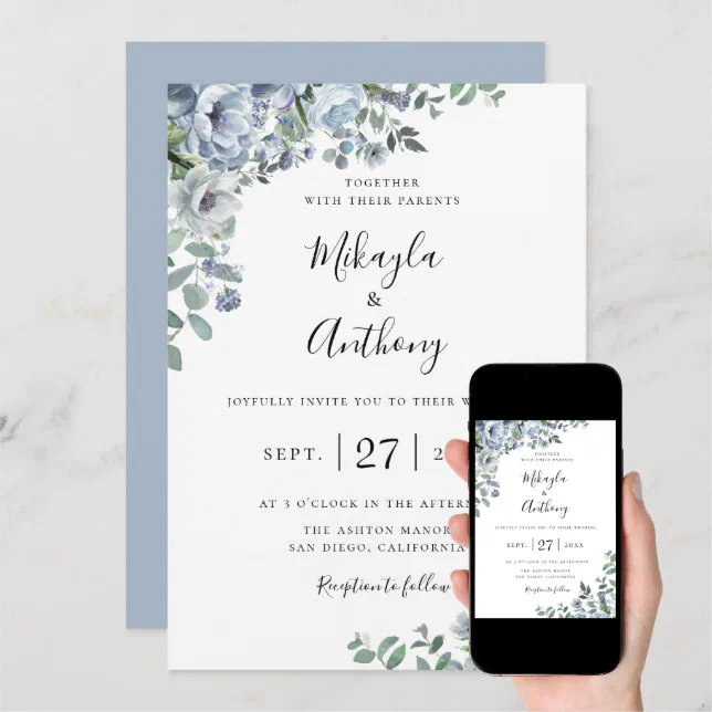 Powder Blue Botanical Floral Wedding Invitation | Zazzle