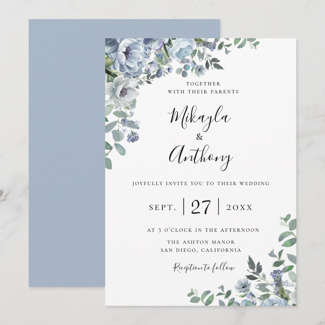 Powder Blue Botanical Floral Wedding Invitation | Zazzle